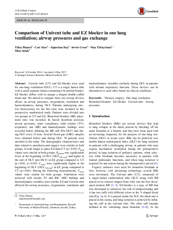 (PDF) Comparison of Univent tube and EZ blocker in one lung ventilation ...