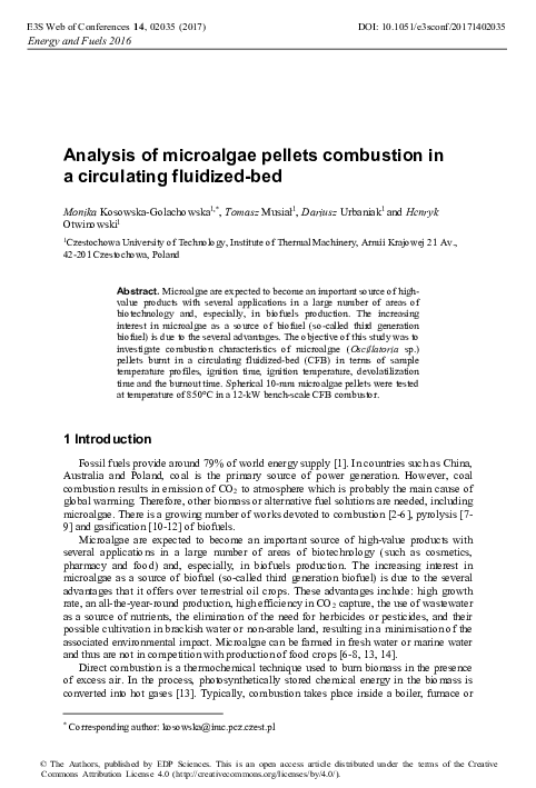 (PDF) Analysis of microalgae pellets combustion in a circulating fluidized-bed | Henryk K ...