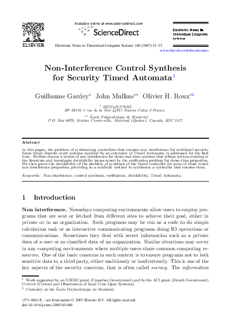 (PDF) Non-Interference Control Synthesis for Security Timed Automata