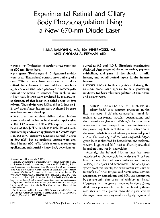 (PDF) Experimental Retinal and Ciliary Body Photocoagulation Using a ...