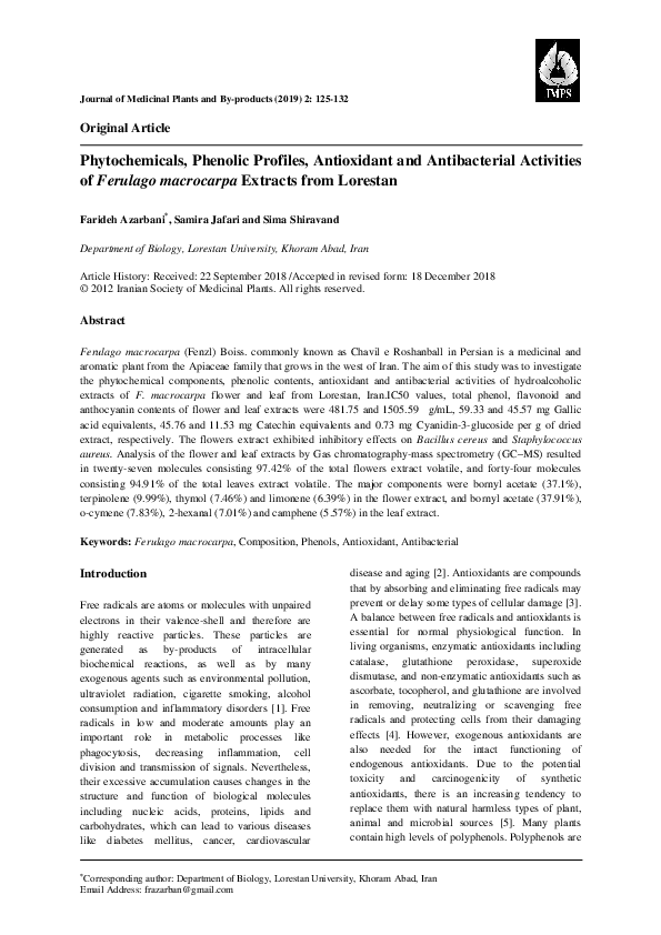 (PDF) Phytochemicals, Phenolic Profiles, Antioxidant and Antibacterial Activities of Ferulago ...