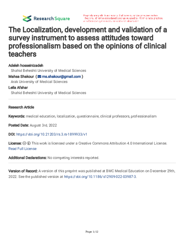 (PDF) The Localization, development and validation of a survey instrument to assess attitudes ...