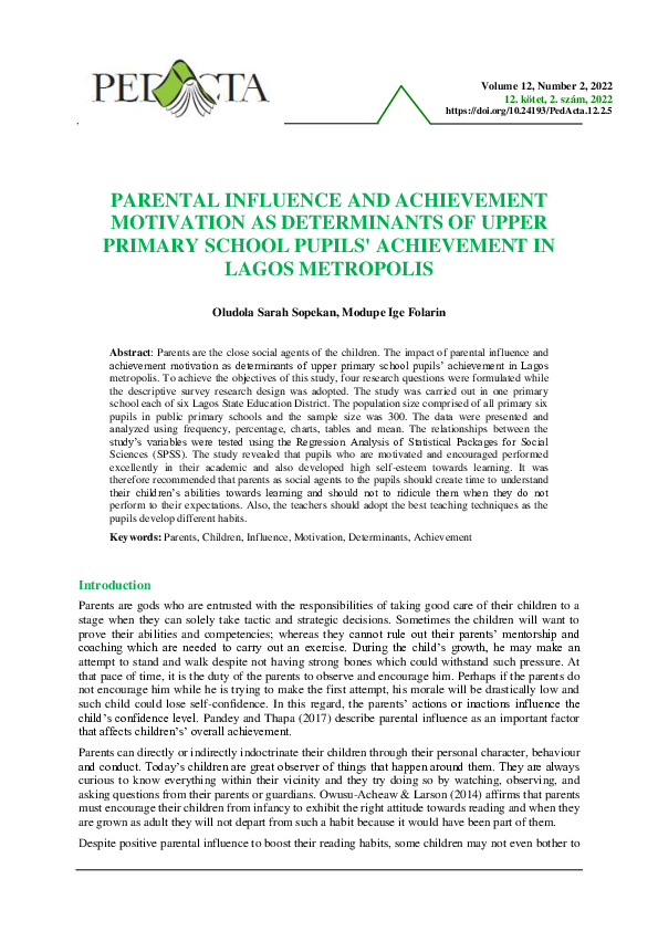 Pdf Parental Influence And Achievement Motivation