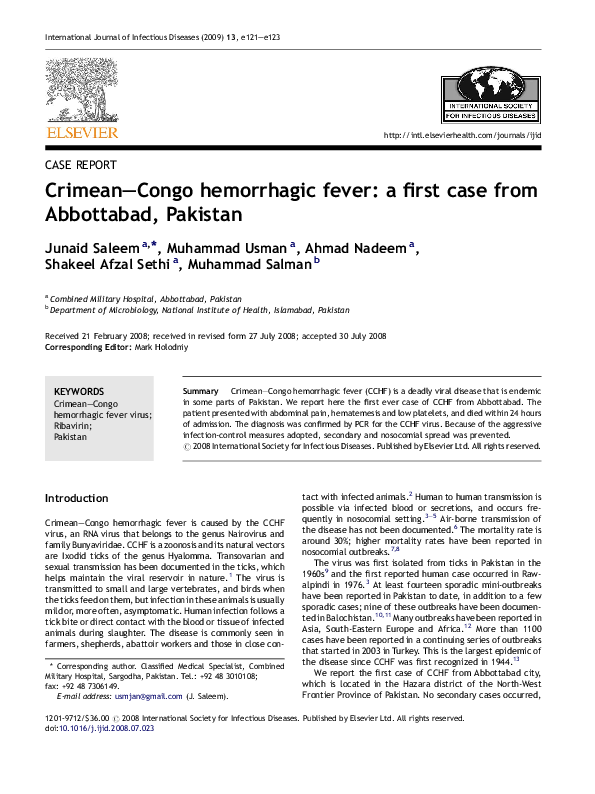 (PDF) Crimean–Congo hemorrhagic fever: a first case from Abbottabad ...