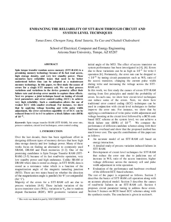 (PDF) Improving STT-RAM Reliability via Circuit and ECC Techniques
