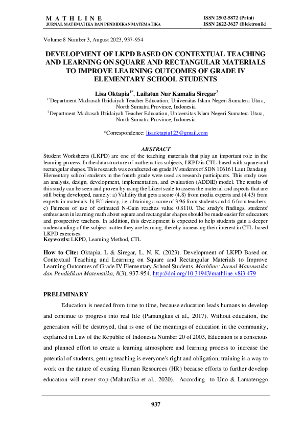 Pdf Development Of Lkpd Based On Contextual Teaching And Learning On Square And Rectangular