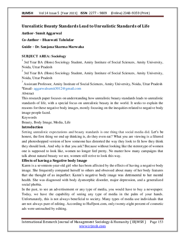(PDF) Unrealistic Beauty Standards Lead to Unrealistic Standards of Life