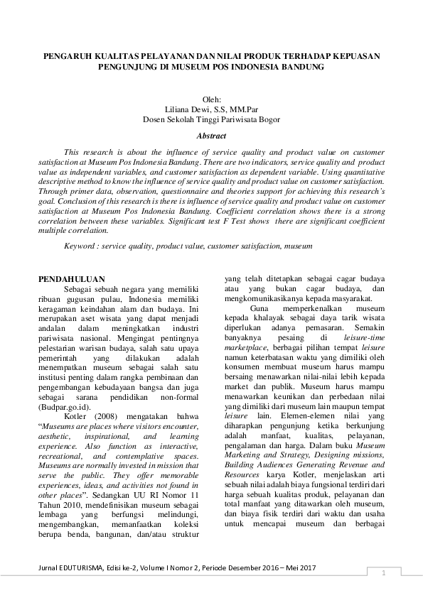 (PDF) Pengaruh Kualitas Pelayanan Dan Nilai Produk Terhadap Kepuasan Pengunjung DI Museum Pos ...