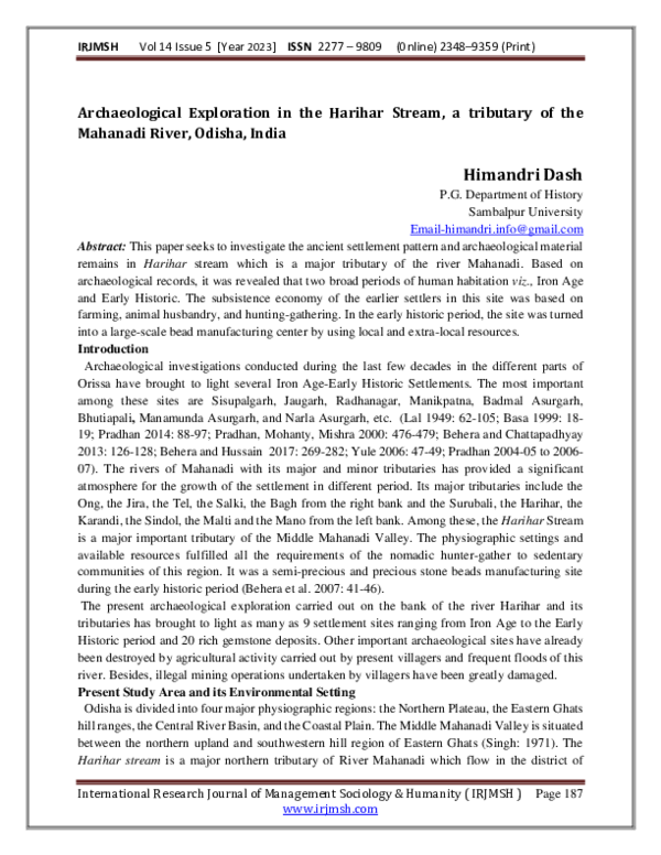 (PDF) Archaeological Exploration in the Harihar Stream, a tributary of the Mahanadi River ...