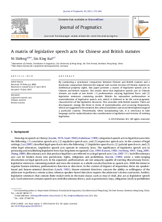 (PDF) A matrix of legislative speech acts for Chinese and British statutes