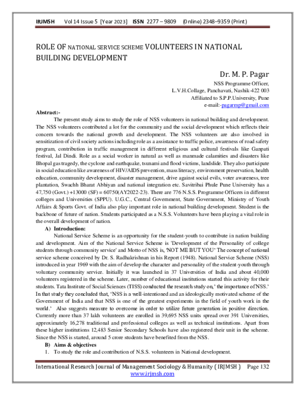 (PDF) ROLE OF NATIONAL SERVICE SCHEME VOLUNTEERS IN NATIONAL BUILDING ...