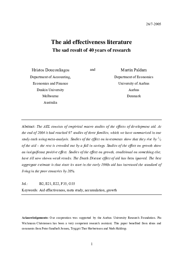 (PDF) The Aid Effectiveness Literature - The Sad Result of 40 Years of ...