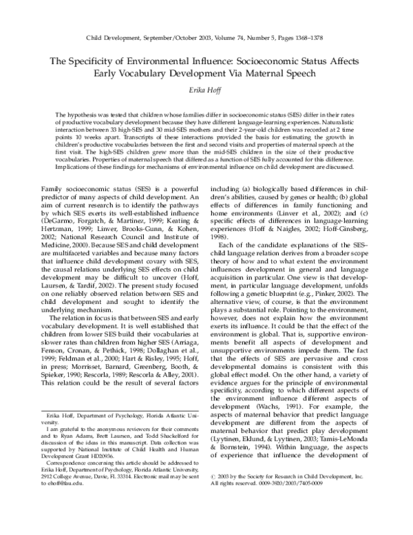 (PDF) The Specificity of Environmental Influence: Socioeconomic Status Affects Early Vocabulary ...