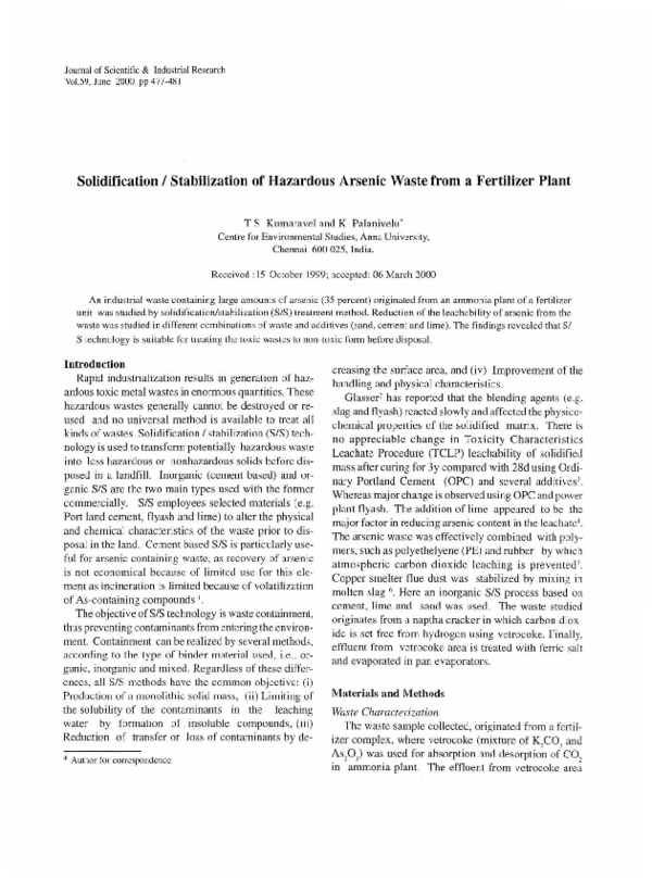 (PDF) Solidification/stabilization of hazardous arsenic waste from a ...