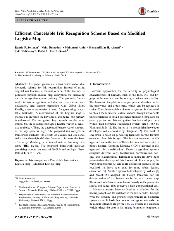 Pdf Efficient Cancelable Iris Recognition Scheme Based On Modified Logistic Map Noha Ramadan