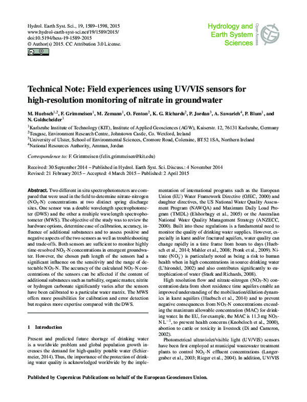 (PDF) Technical Note: Field experiences using UV/VIS sensors for high-resolution monitoring of ...
