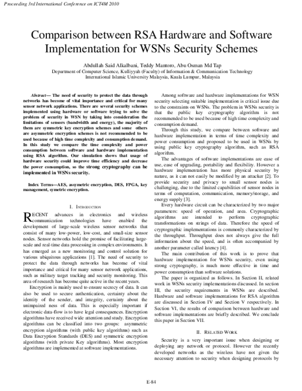 (PDF) Comparison between RSA hardware and software implementation for WSNs security schemes