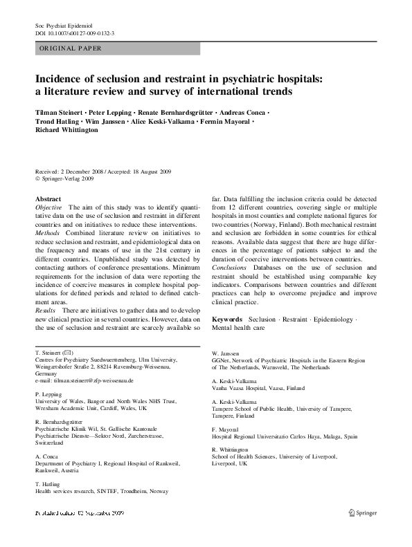 (PDF) Incidence of seclusion and restraint in psychiatric hospitals: a literature review and ...