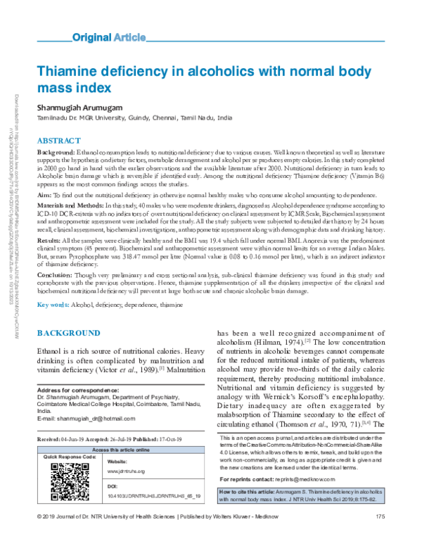 (PDF) Thiamine deficiency in alcoholics with normal body mass index