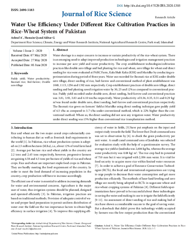 (PDF) Water Use Efficiency Under Different Rice Cultivation Practices ...