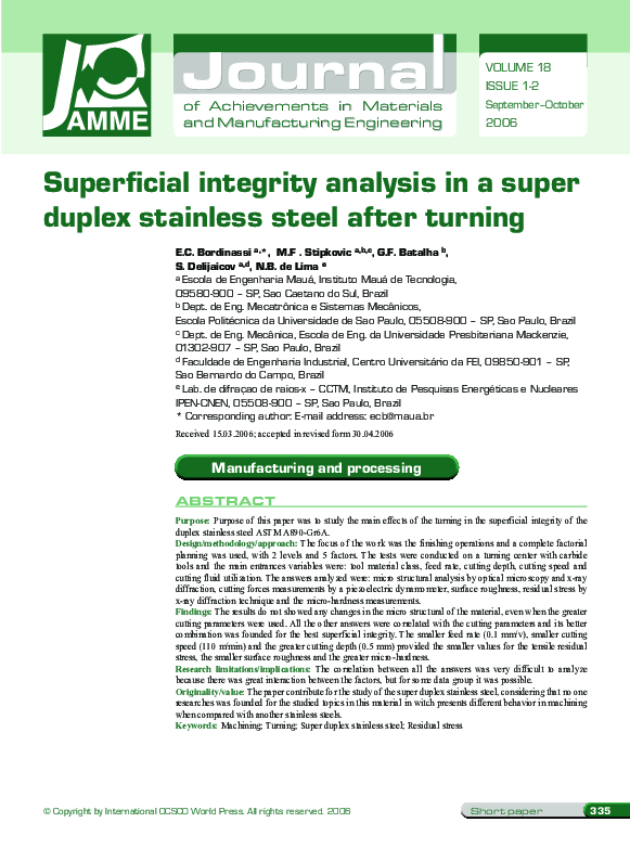 (PDF) Superficial integrity analysis in a super duplex stainless steel ...