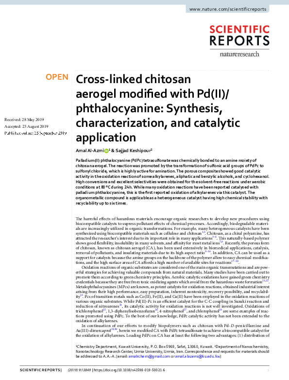 (PDF) Cross-linked chitosan aerogel modified with Au: Synthesis, characterization and catalytic ...