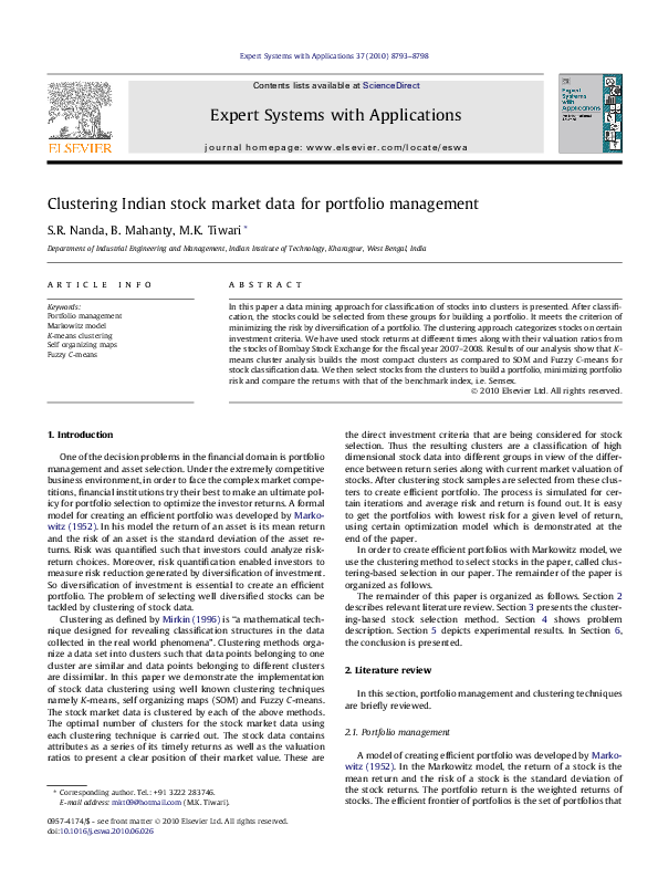 (PDF) Clustering Indian stock market data for portfolio management