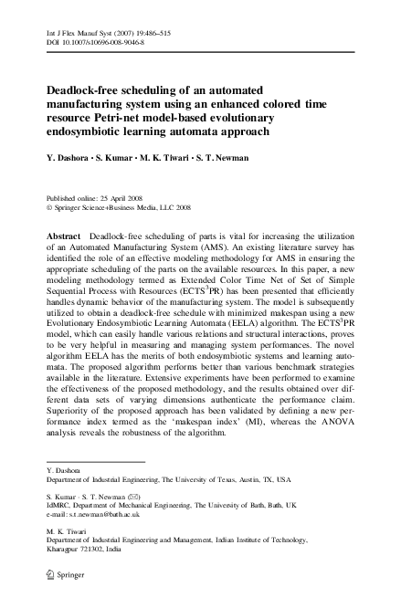 (PDF) Deadlock-free scheduling of an automated manufacturing system using an enhanced colored ...