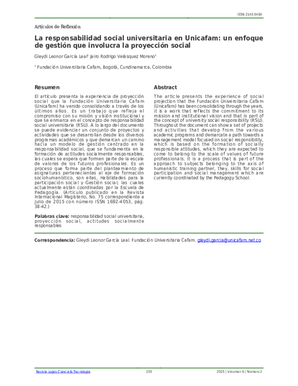 (PDF) La responsabilidad social universitaria en Unicafam: un enfoque de gestión que involucra ...