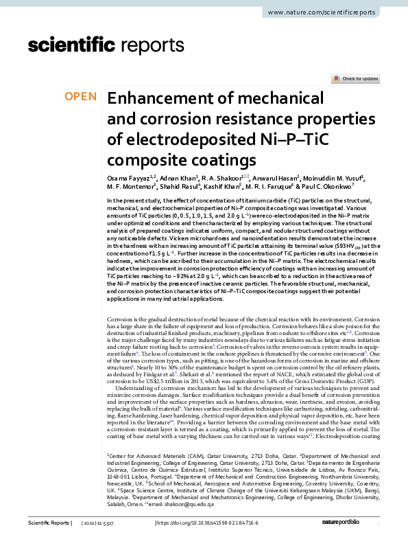 (PDF) Enhancement of mechanical and corrosion resistance properties of electrodeposited Ni–P–TiC ...