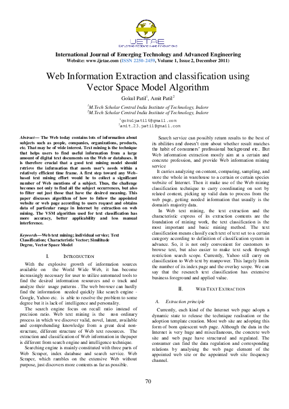 (PDF) Web Information Extraction and classification using Vector Space Model Algorithm