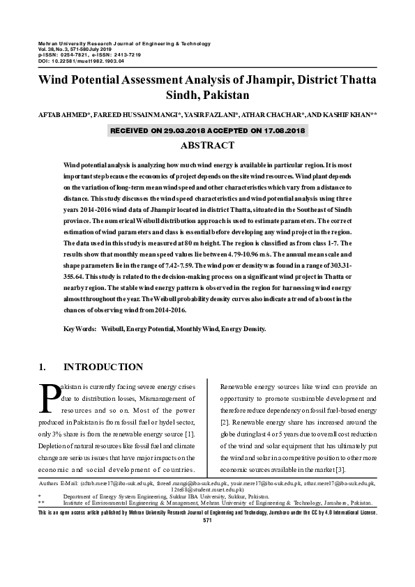 (PDF) Wind Potential Assessment Analysis of Jhampir, District Thatta ...