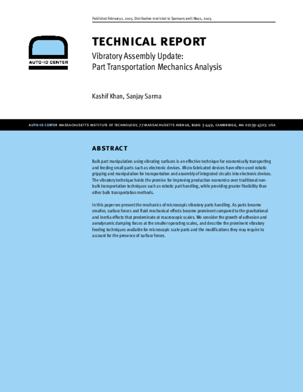 (PDF) technical report Vibratory Assembly Update: Part Transportation ...