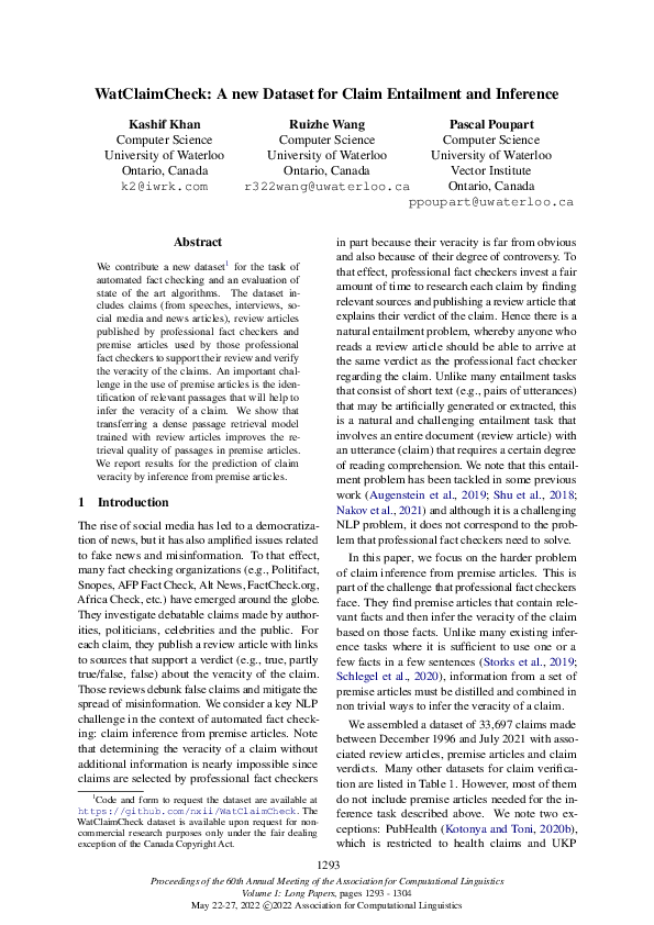 (PDF) WatClaimCheck: A new Dataset for Claim Entailment and Inference ...