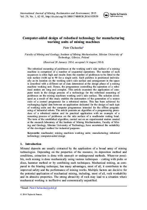 (PDF) Computer-aided design of robotised technology for manufacturing working units of mining ...