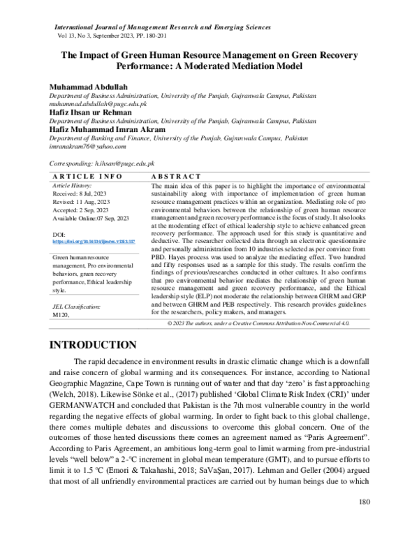 (PDF) The Impact of Green Human Resource Management on Green Recovery Performance: A Moderated ...