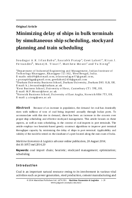 (PDF) Minimizing delay of ships in bulk terminals by simultaneous ship ...