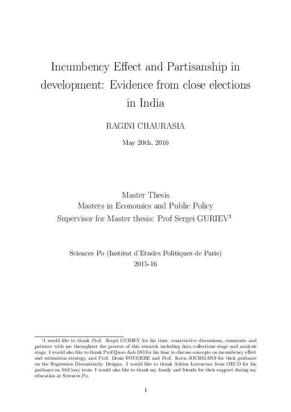 (PDF) Incumbency Effect and Partisanship in development: Evidence from ...