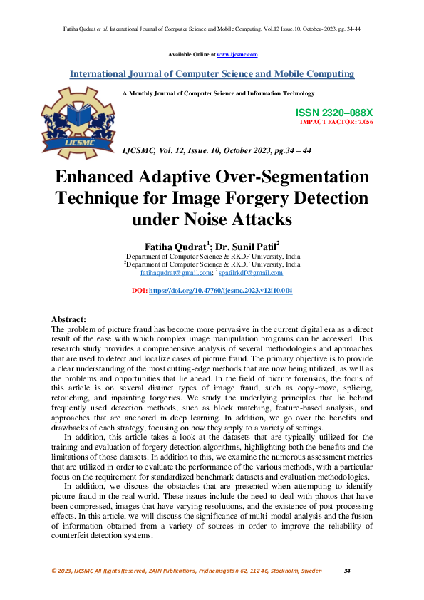 (PDF) Enhanced Adaptive Over-Segmentation Technique for Image Forgery Detection under Noise Attacks