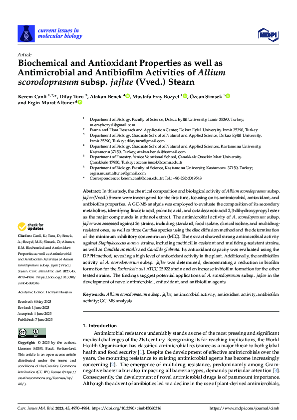 (PDF) Biochemical and Antioxidant Properties as well as Antimicrobial and Antibiofilm Activities ...