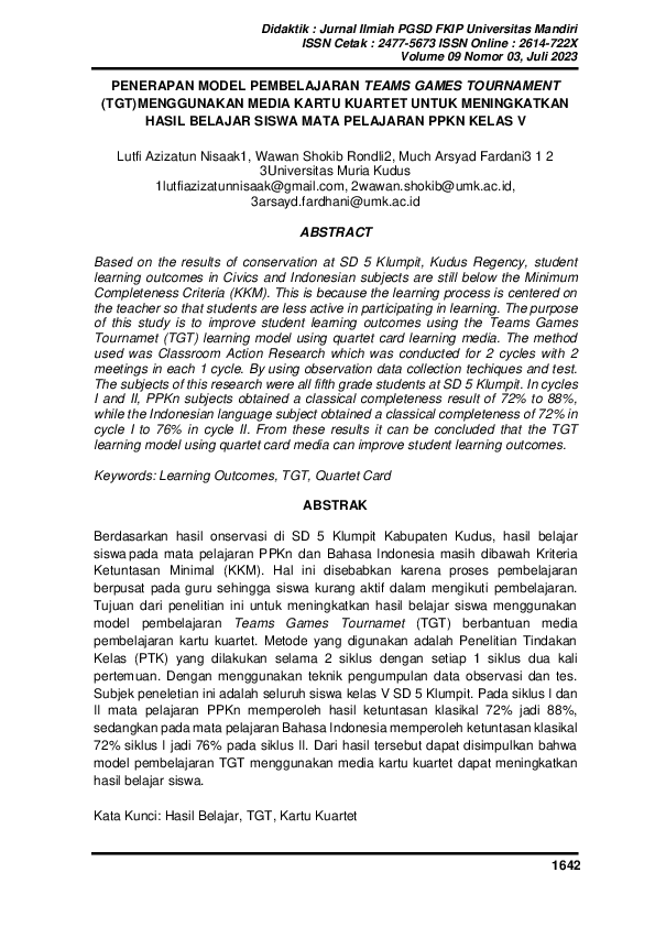 (PDF) Penerapan Model Pembelajaran Teams Games Tournament (TGT) Menggunakan Media Kartu Kuartet ...
