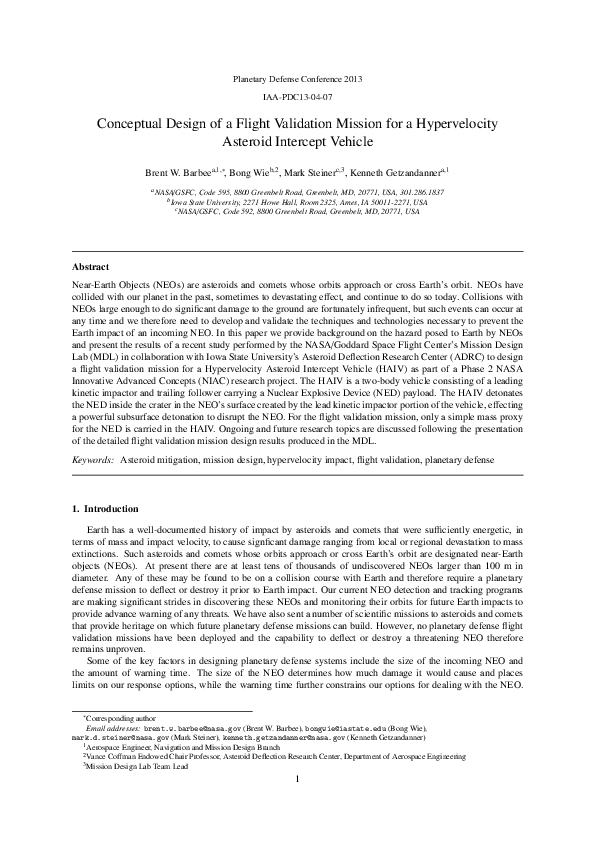 Pdf Conceptual Design Of A Flight Validation Mission For A Hypervelocity Asteroid Intercept