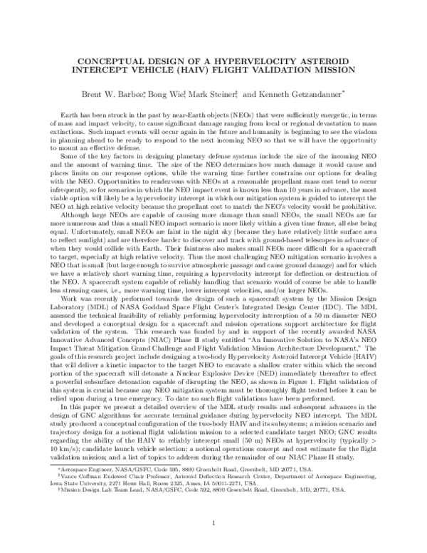 (PDF) Conceptual Design of a Hypervelocity Asteroid Intercept Vehicle (HAIV) Flight Validation ...