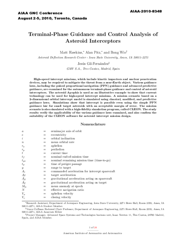 (PDF) Terminal-Phase Guidance and Control Analysis of Asteroid Interceptors