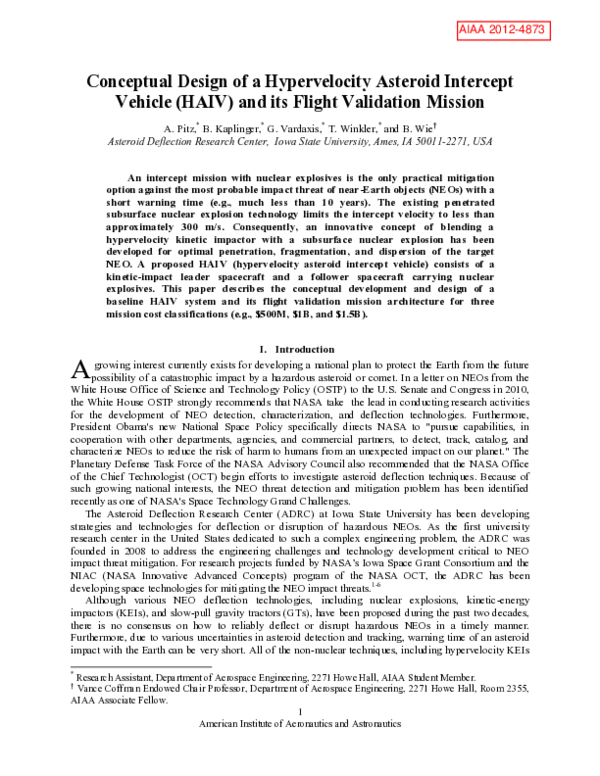 (PDF) Conceptual design of a hypervelocity asteroid intercept vehicle ...
