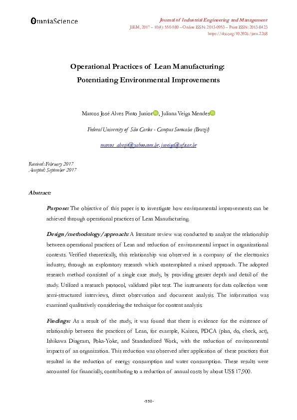 (PDF) Operational practices of lean manufacturing: Potentiating environmental improvements