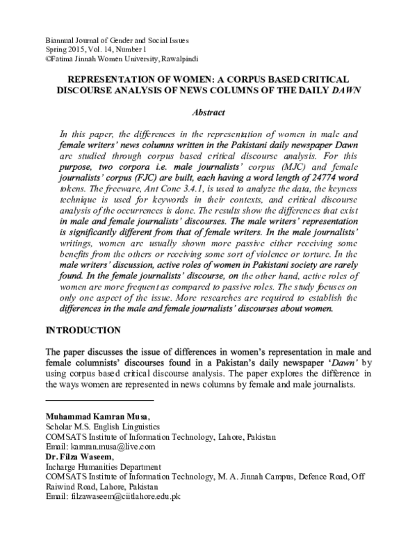 (PDF) REPRESENTATION OF WOMEN: A CORPUS BASED CRITICAL DISCOURSE ...