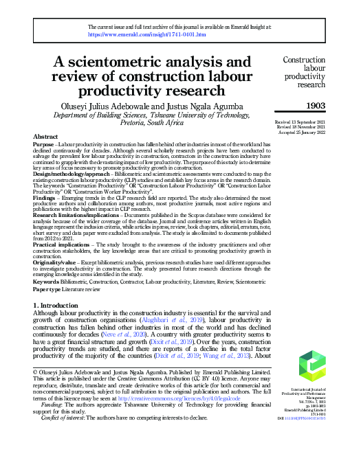 (PDF) A scientometric analysis and review of construction labour ...