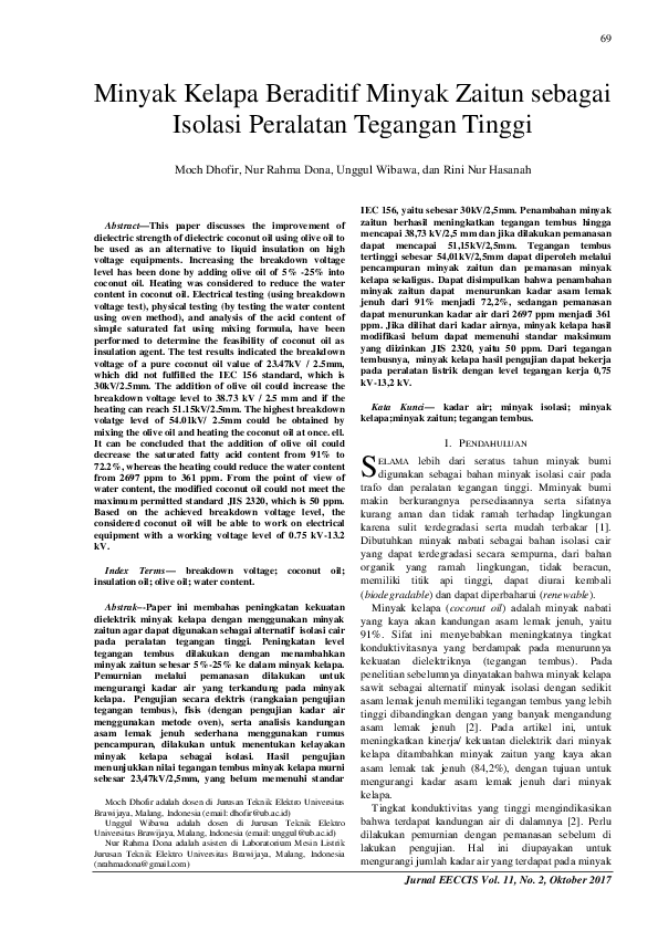 (PDF) Minyak Kelapa Beraditif Minyak Zaitun sebagai Isolasi Peralatan ...
