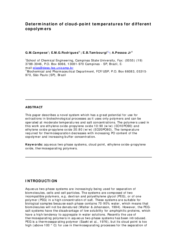 (PDF) Determination of cloud-point temperatures for different copolymers
